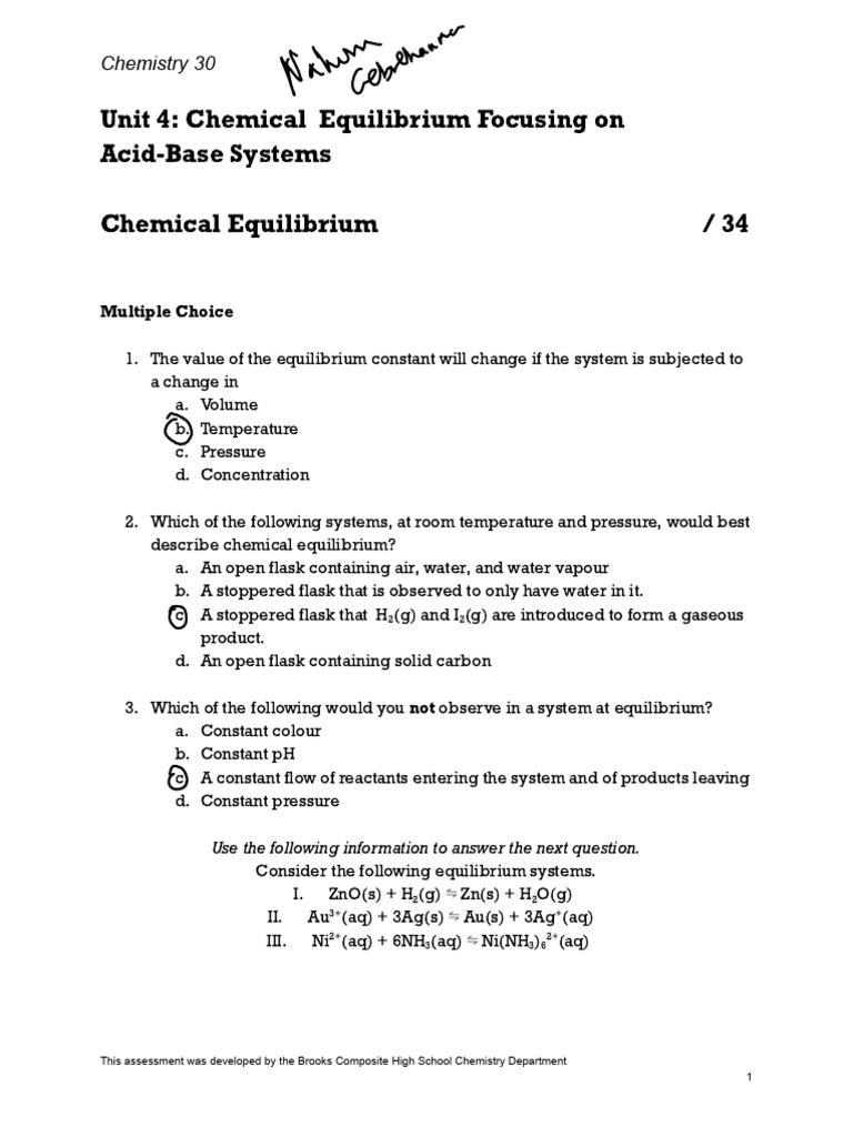 Chemical Equilibrium Quiz (CHP - 16) - PDF | PDF | Chemical Equilibrium ...