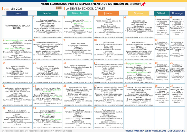 Menú Julio Summer School | PDF | Vegetales | Panes