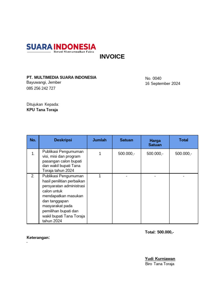 Invoice Publikasi Pemilu Tana Toraja 2024 | PDF