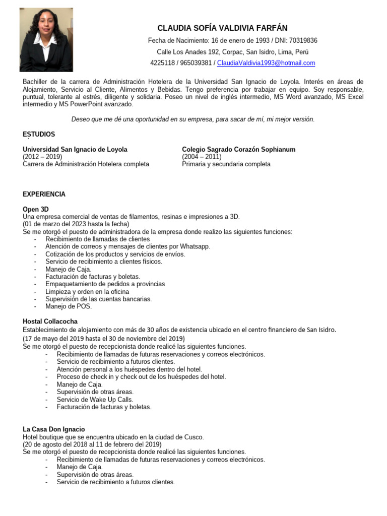 CV Claudia Valdivia Farfan 1º Opcion | PDF