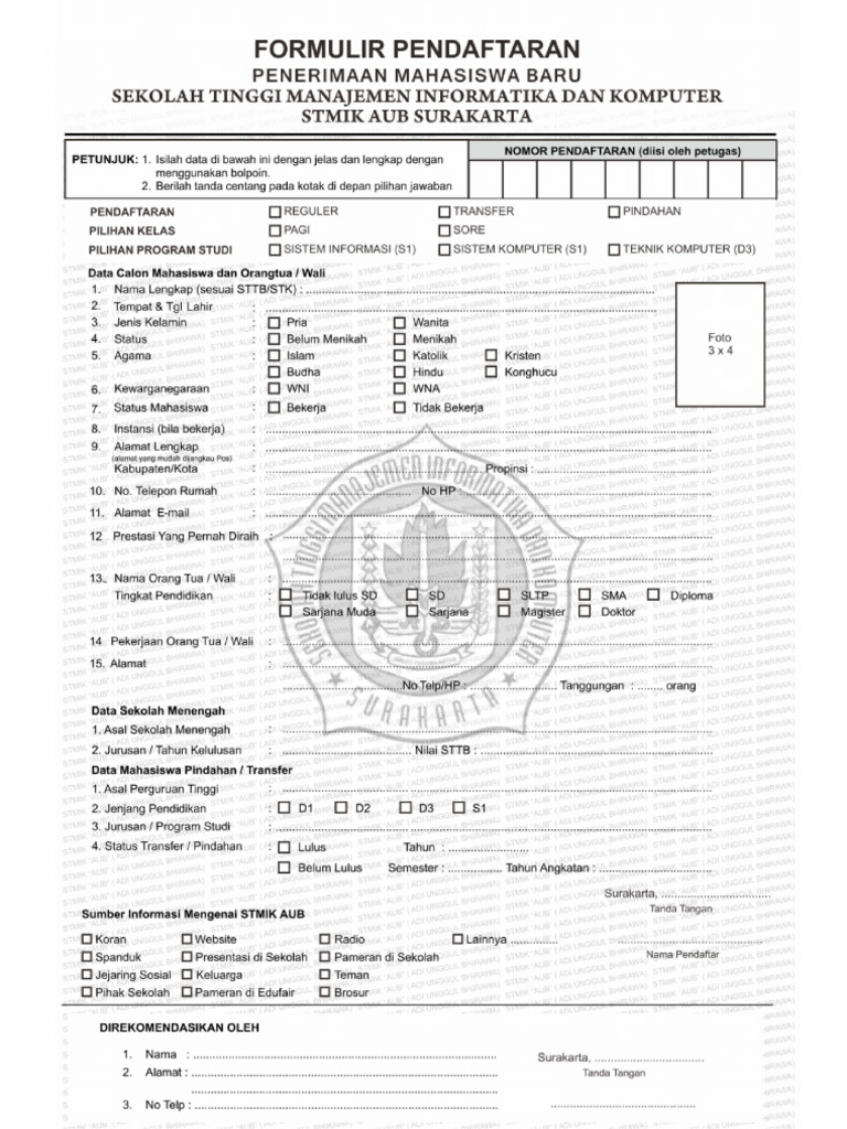 Formulir Pendaftaran STMIK-AUB | PDF