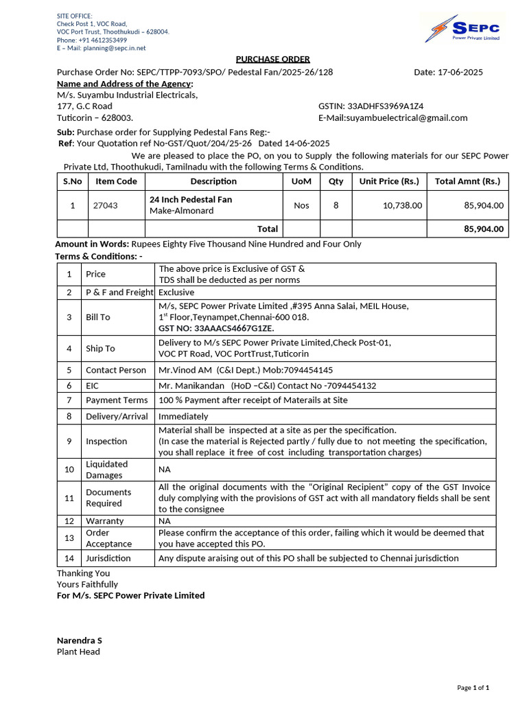 Purchase Order for Suyambu Electricals | PDF