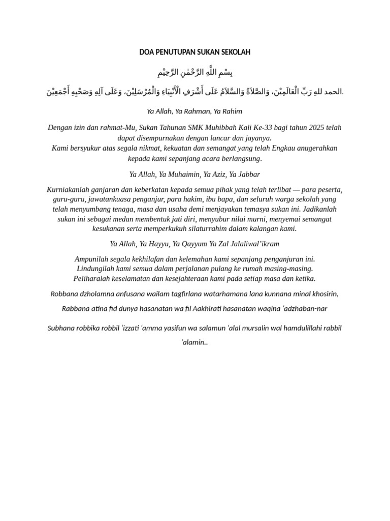 DOA PENUTUPAN SUKAN SEKOLAH Draft 2 | PDF