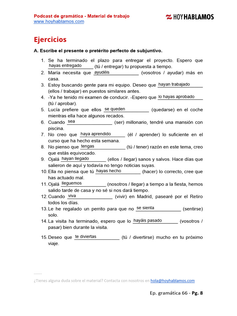 Ejercicios de pretérito perfecto subjuntivo | PDF