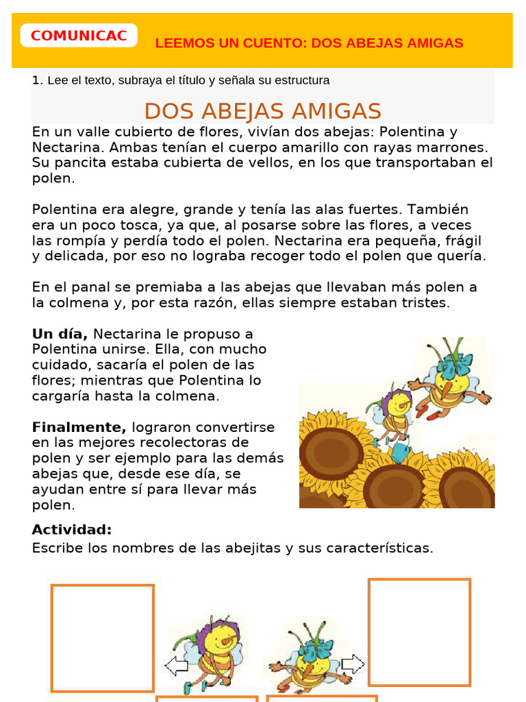 Ficha Comunicación Leemos Dos Abejas Amigas Miss Silvia Galvez Ynga ...
