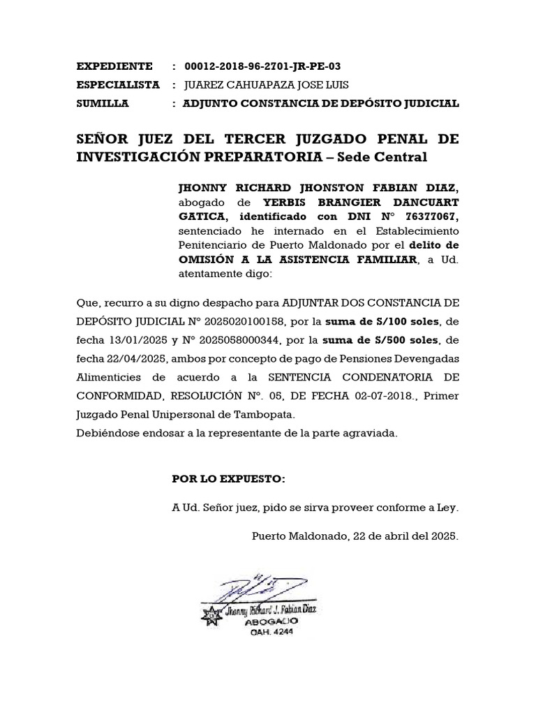 Adjunto Constancia de Depósito Judicial | PDF