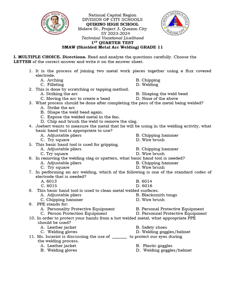 QI Periodical Test SMAW G11.Docx Revised | PDF | Welding | Construction