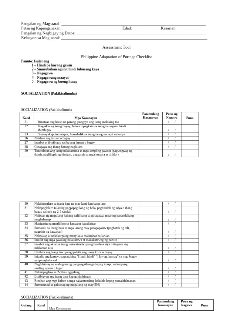 Assessment Portage Checklist | PDF