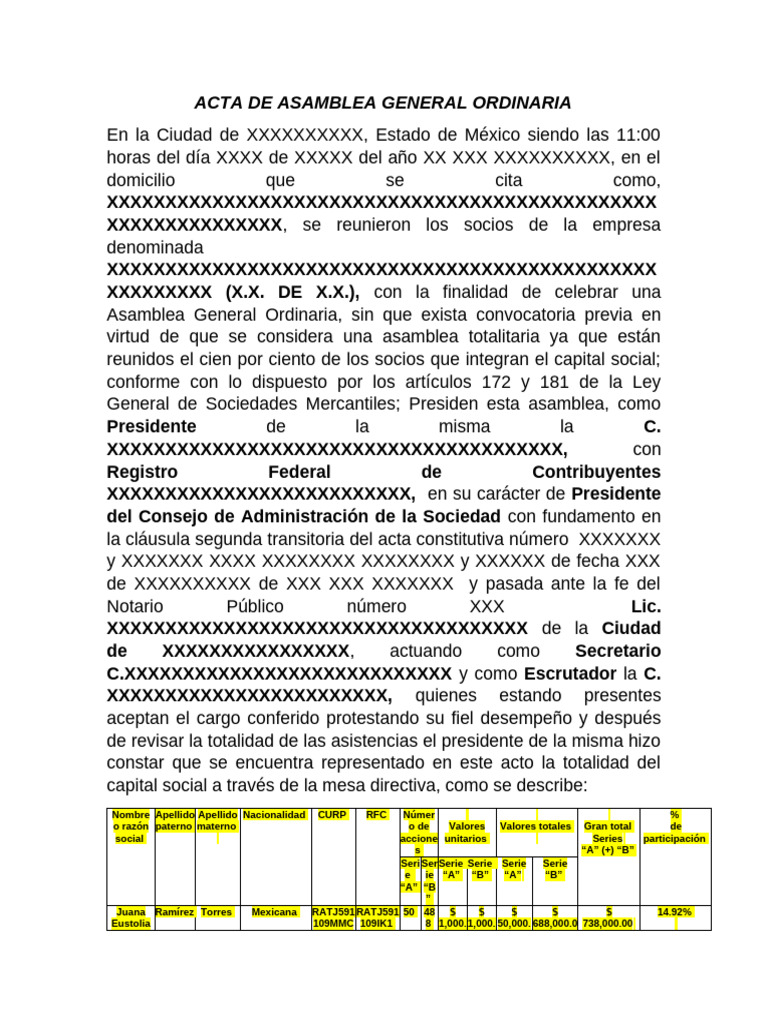 Modelo Acta Asamblea Ordinaria | PDF | Contabilidad | Business