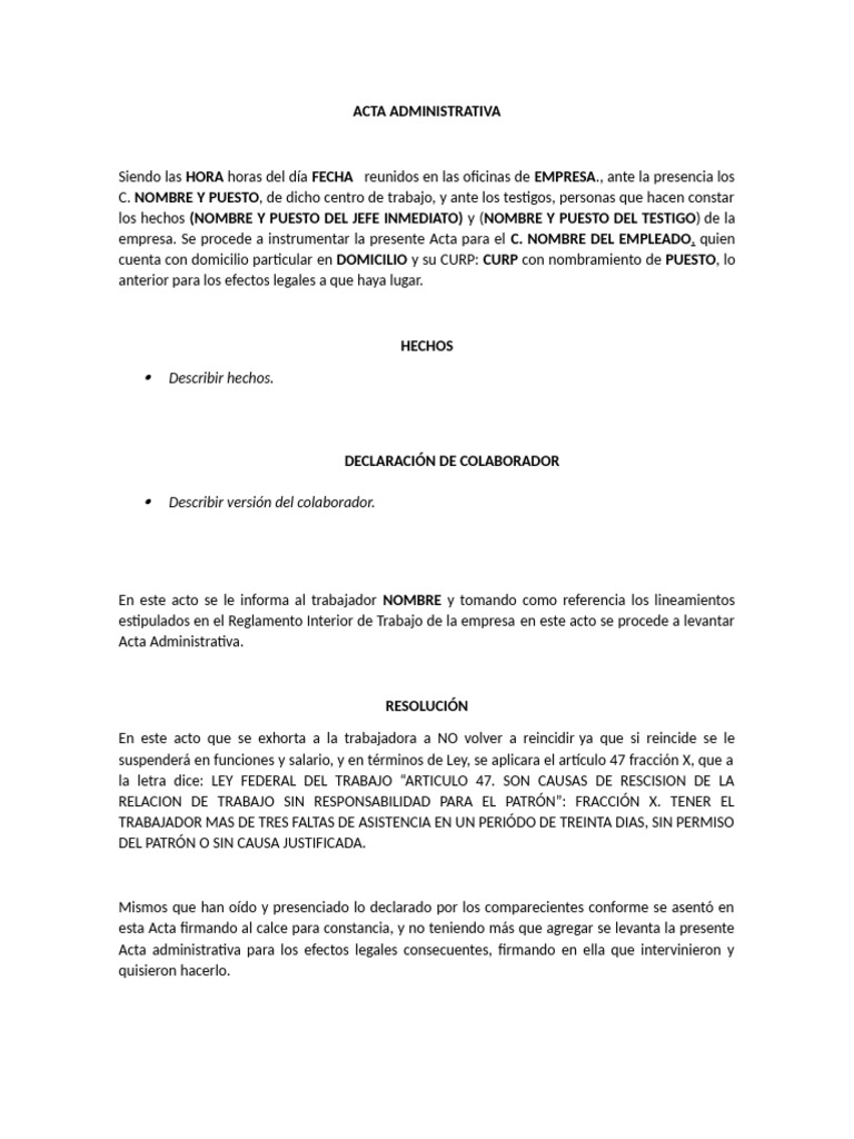 Modelo Acta Administrativa | PDF