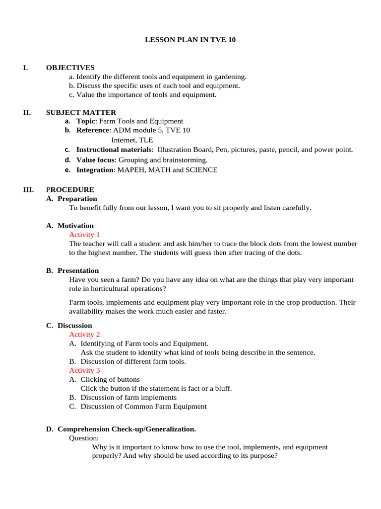 Gardening Tools and Equipment Lesson Plan | PDF | Agriculture