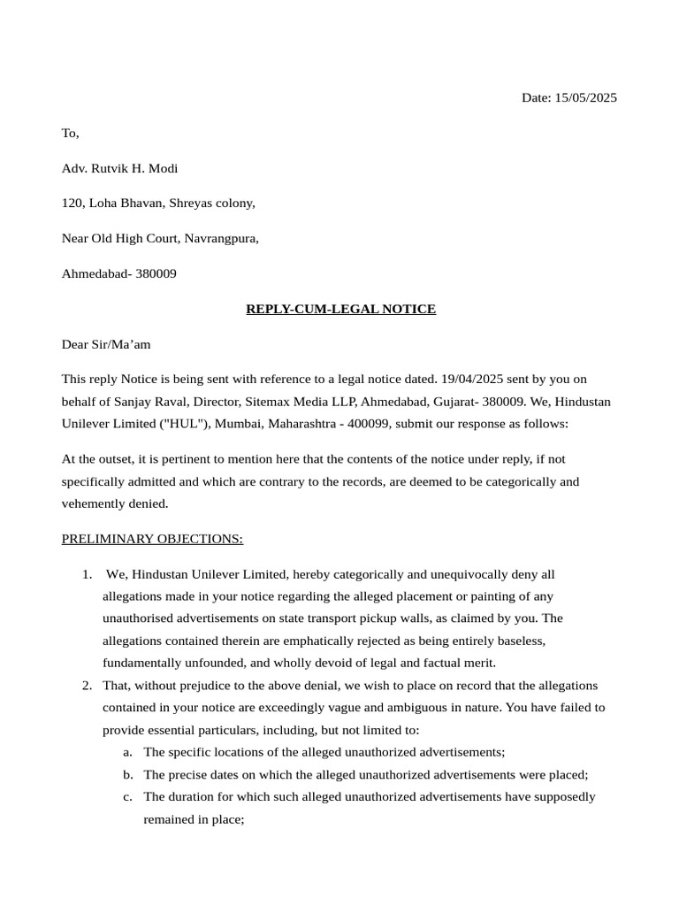 HUL's Response to Sitemax Media Notice | PDF | Common Law | Justice