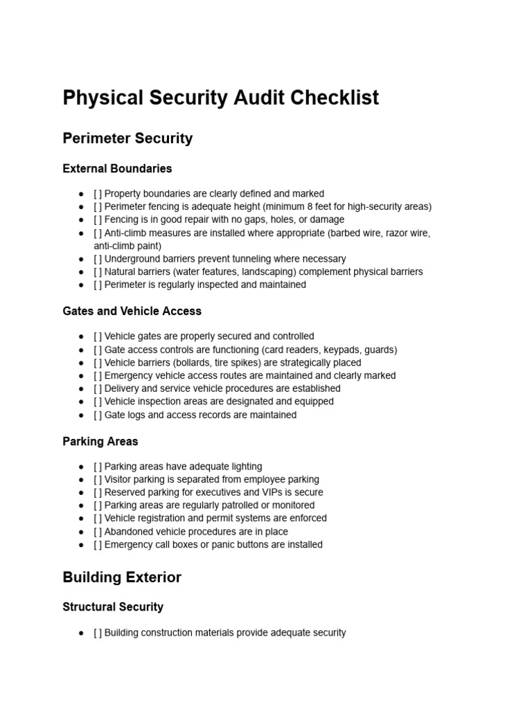Physical Security Audit Checklist | PDF | Lighting | Physical Security
