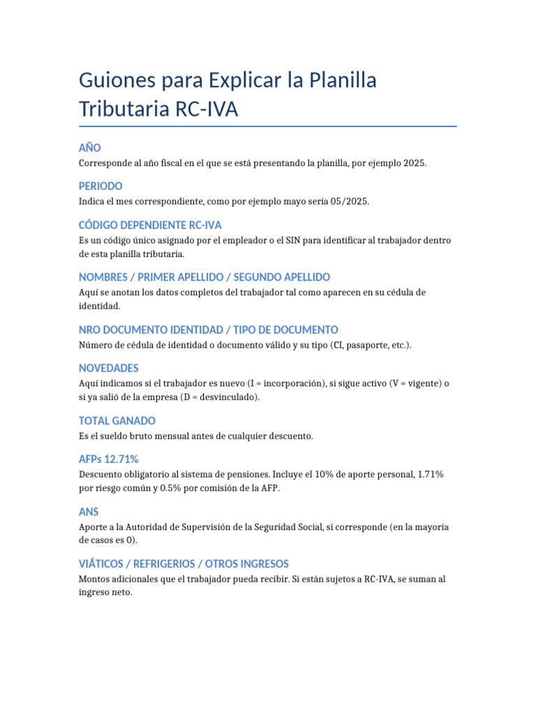 Guiones Explicacion Planilla Tributaria RC-IVA | PDF | Economias