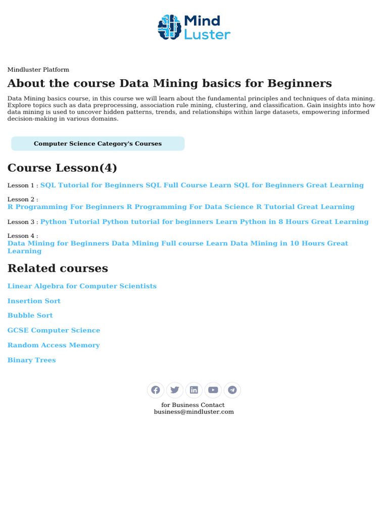 Data Mining Basics For Beginners Course Content | PDF