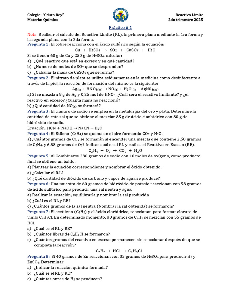 5to Sec - 1er Práctico 2025 - Reactivo Limite - 2do Trimestre 2025 | PDF | Ácido clorhídrico ...