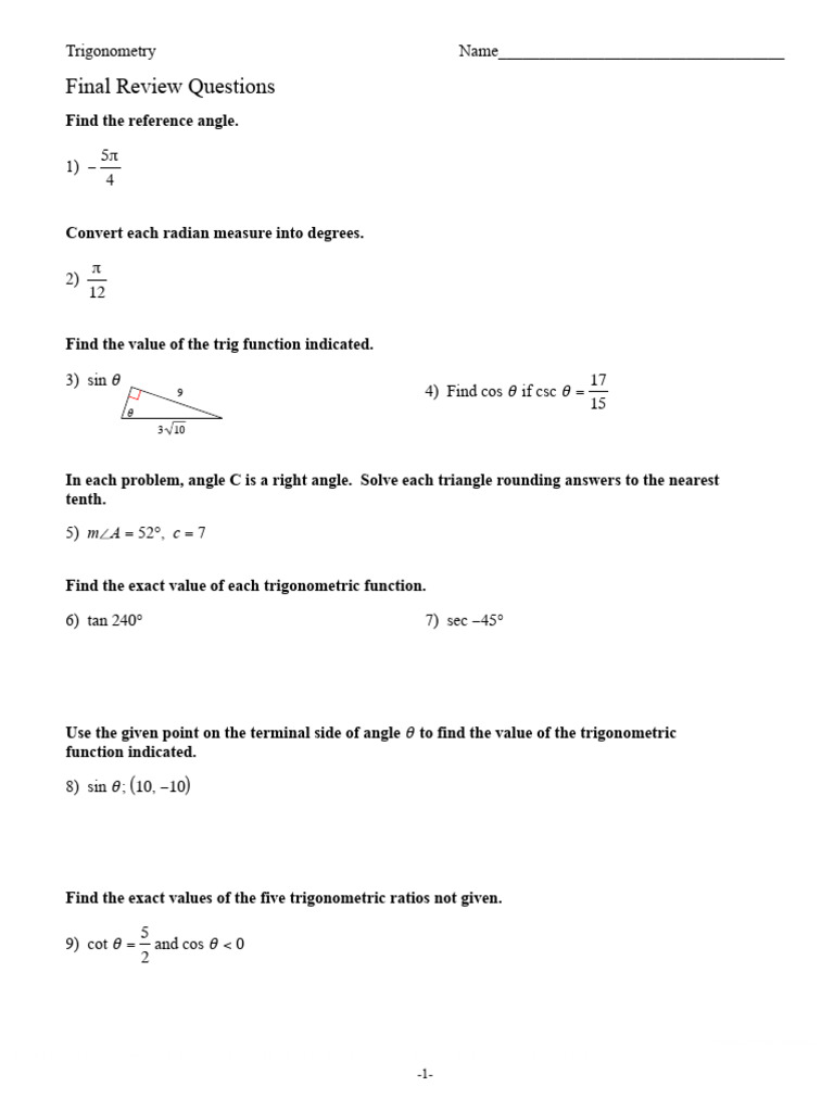 Trigonometry Final Review Worksheet | PDF | Trigonometry | Special ...