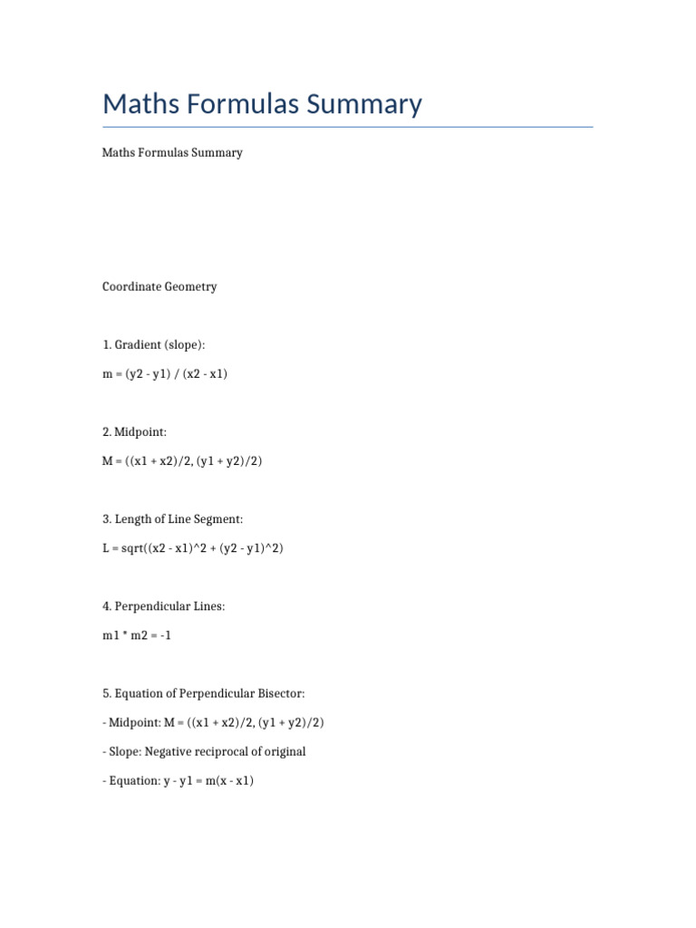 Grade 12 Maths Formulas Summary | PDF