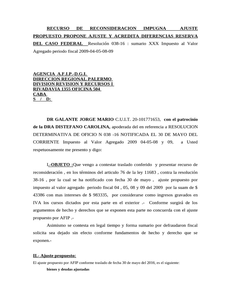 Recurso de Reconsideracion Impugna Ajuste Propuesto Propone Ajuste y Acredita Diferencias ...