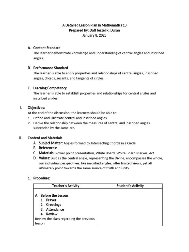 Central and Inscribed Angles Lesson Plan | PDF | Circle | Angle