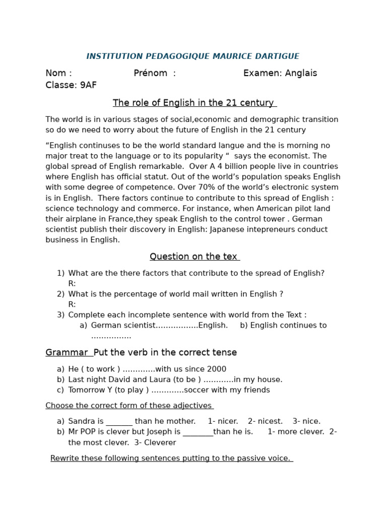 Nom: Prénom: Examen: Anglais Classe: 9AF The Role of English in The 21 Century | PDF