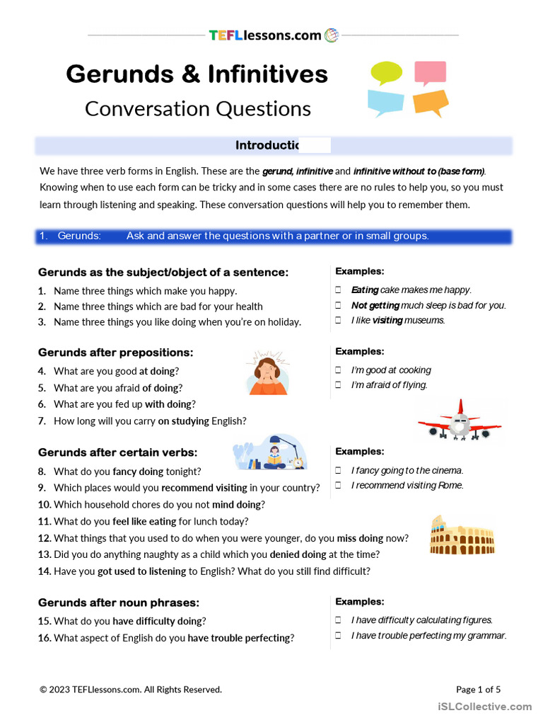 Gerunds & Infinitives Conversation Questions | PDF | English Language ...