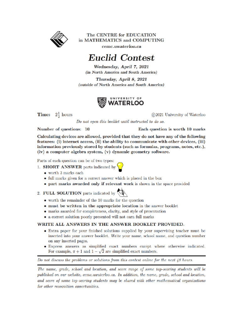 2021 Euclid Contest | PDF