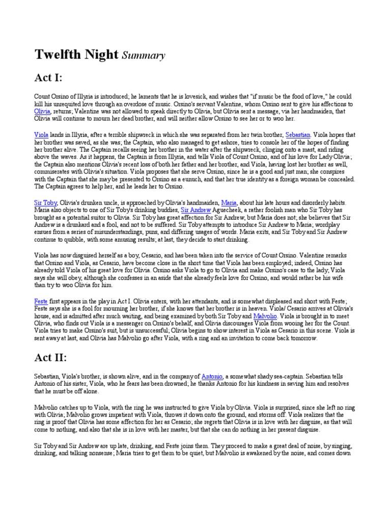 Twelfth Night Summary | PDF | Twelfth Night