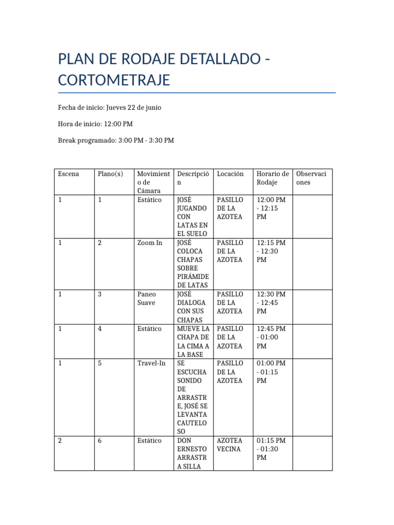 Plan de Rodaje Cortometraje Detallado | PDF