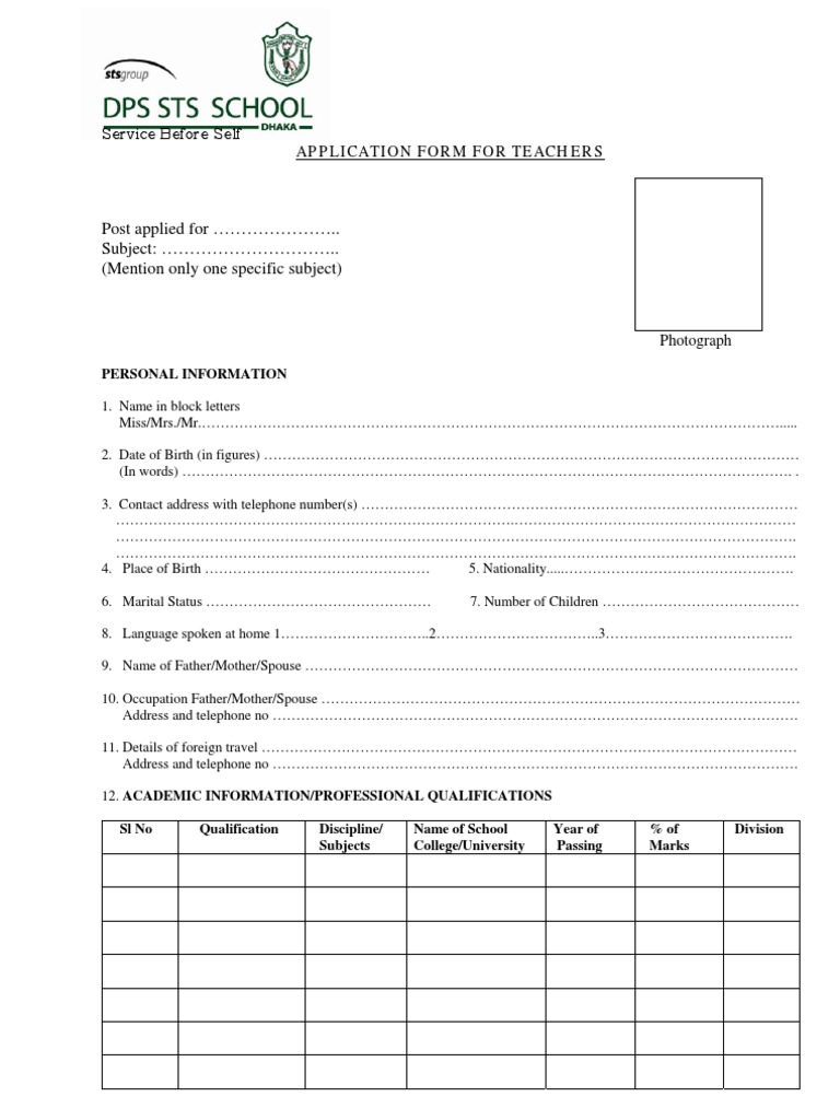 Application Form For Teachers PDF Science Academia