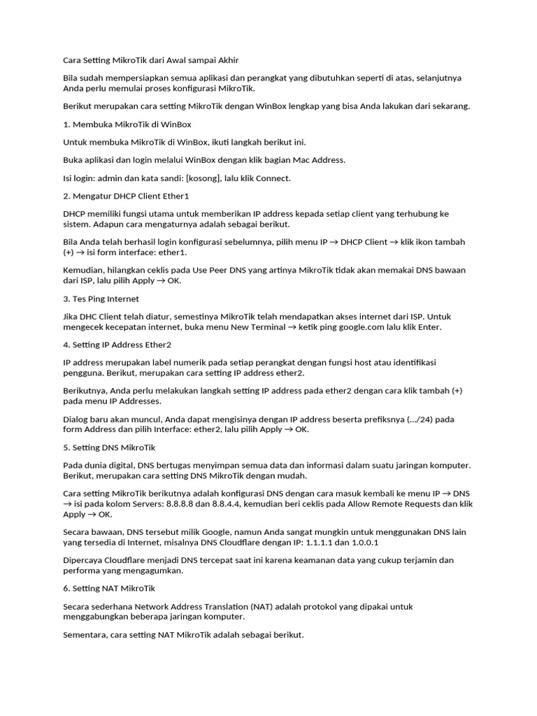 Cara Setting MikroTik Dari Awal Sampai Akhir | PDF