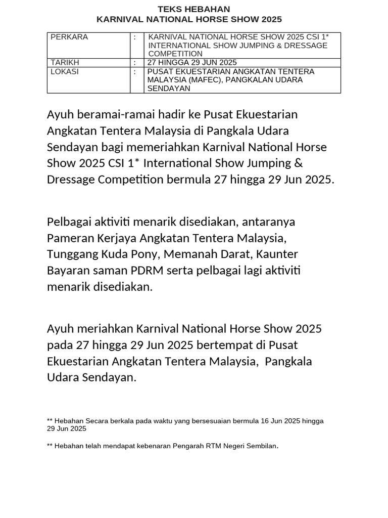 Notis Hebahan Karnival Horse Show 2025 | PDF
