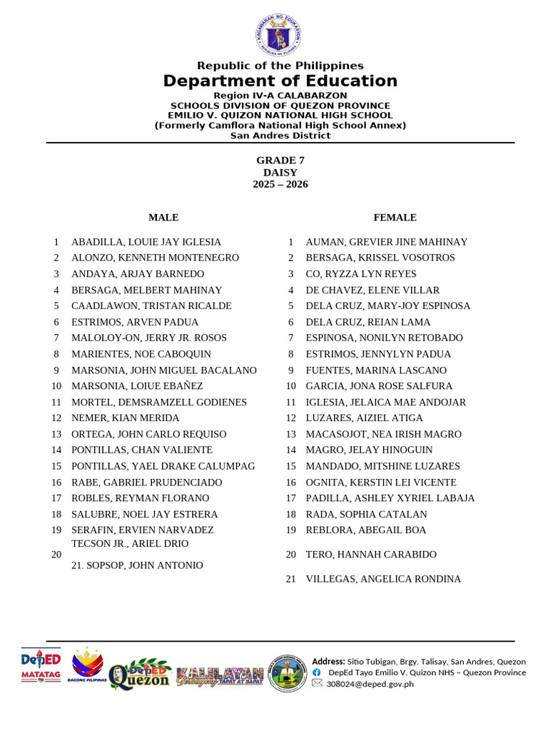 Sectioning Grade 7 2025 2026 | PDF