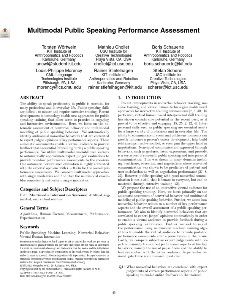 Multimodal Public Speaking Performance Assessment | PDF | Nonverbal ...