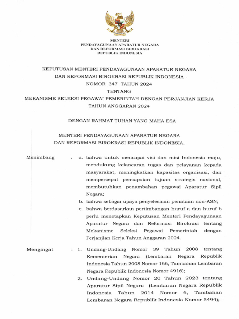347 - 2024 - Kepmenpanrb Tentang Mekanisme Seleksi PPPK Ta 2024 | PDF