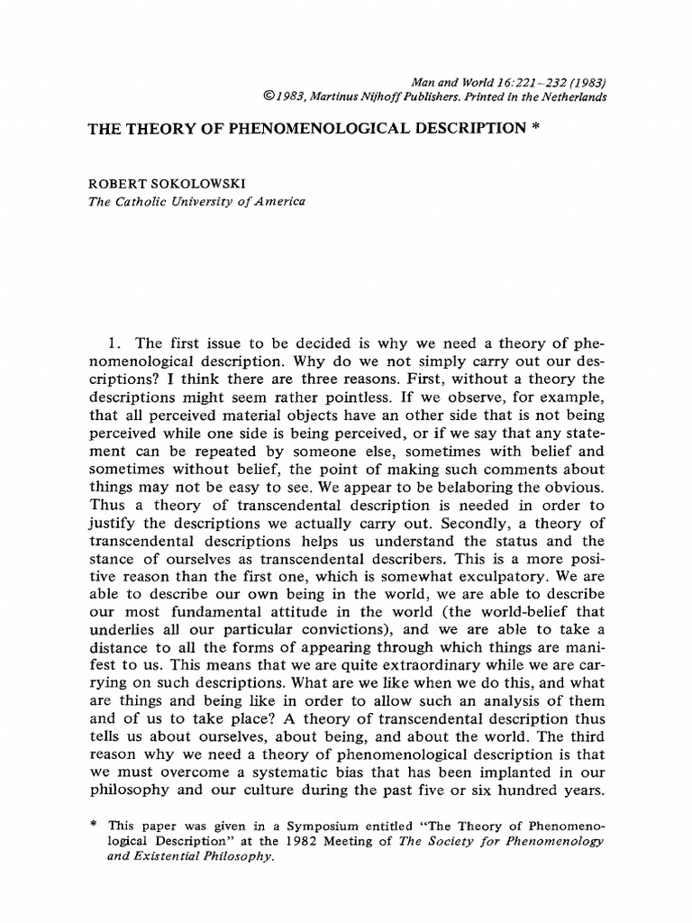 Robert Sokolowski, The Theory of Phenomenological Description | PDF | Phenomenology (Philosophy ...