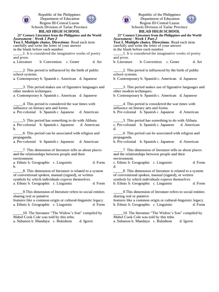 21st Century Week 1 Part 2 Quiz | PDF | Philippines | Writing