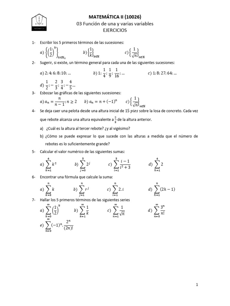03 Funcion de Una y Varias Variables EJERCICIOS | PDF | Matemáticas | Análisis matemático
