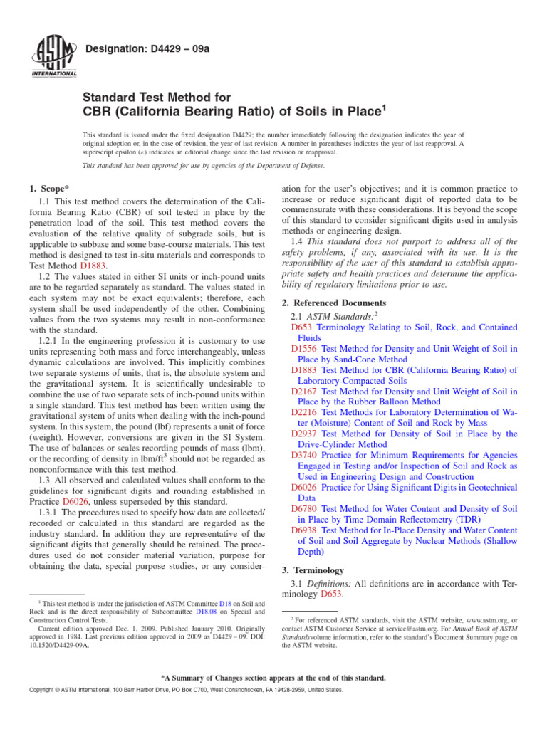 ASTM D-4429-CBR (California Bearing Ratio) of Soils in Place1 | PDF ...