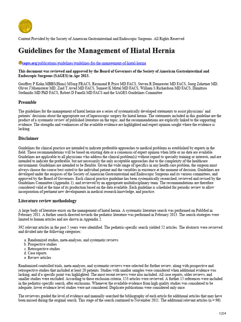 Guidelines For The Management of Hiatal Hernia | PDF | Gastroesophageal Reflux Disease | Esophagus