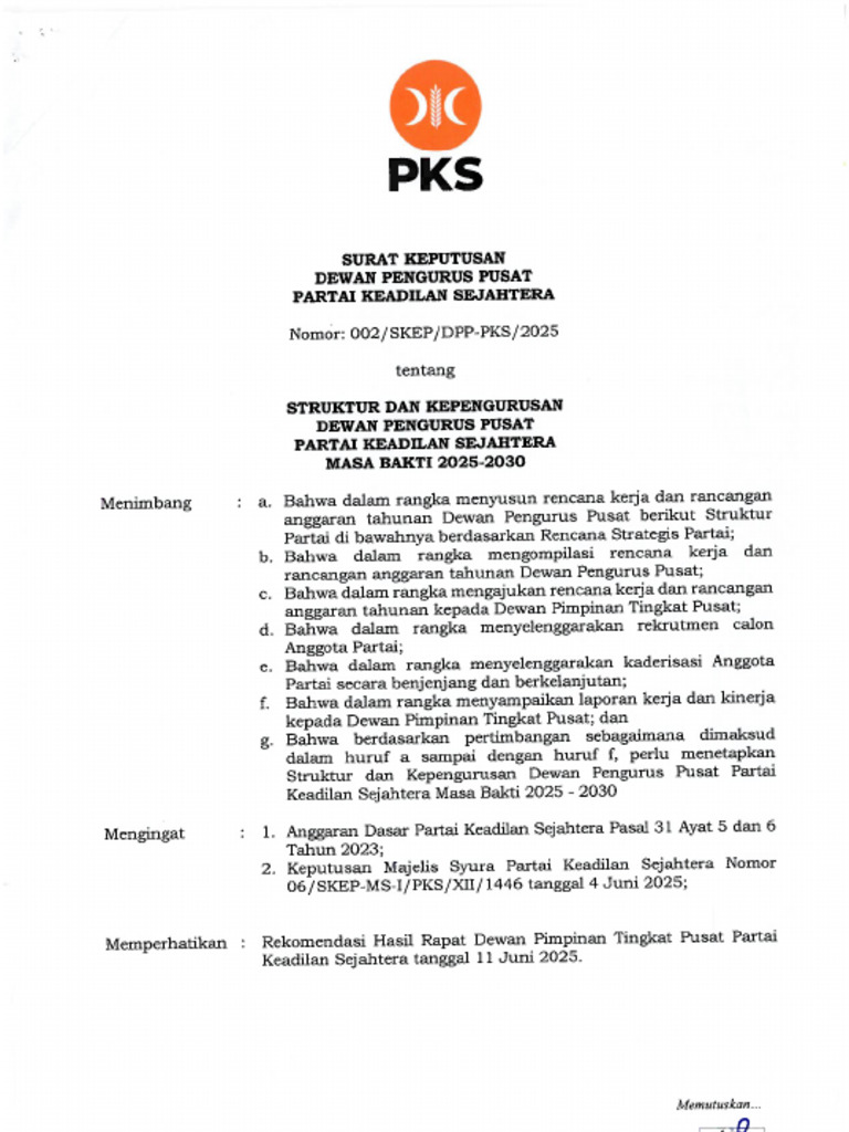 002 Struktur Kepengurusan DPP PKS 2025-2030 | PDF