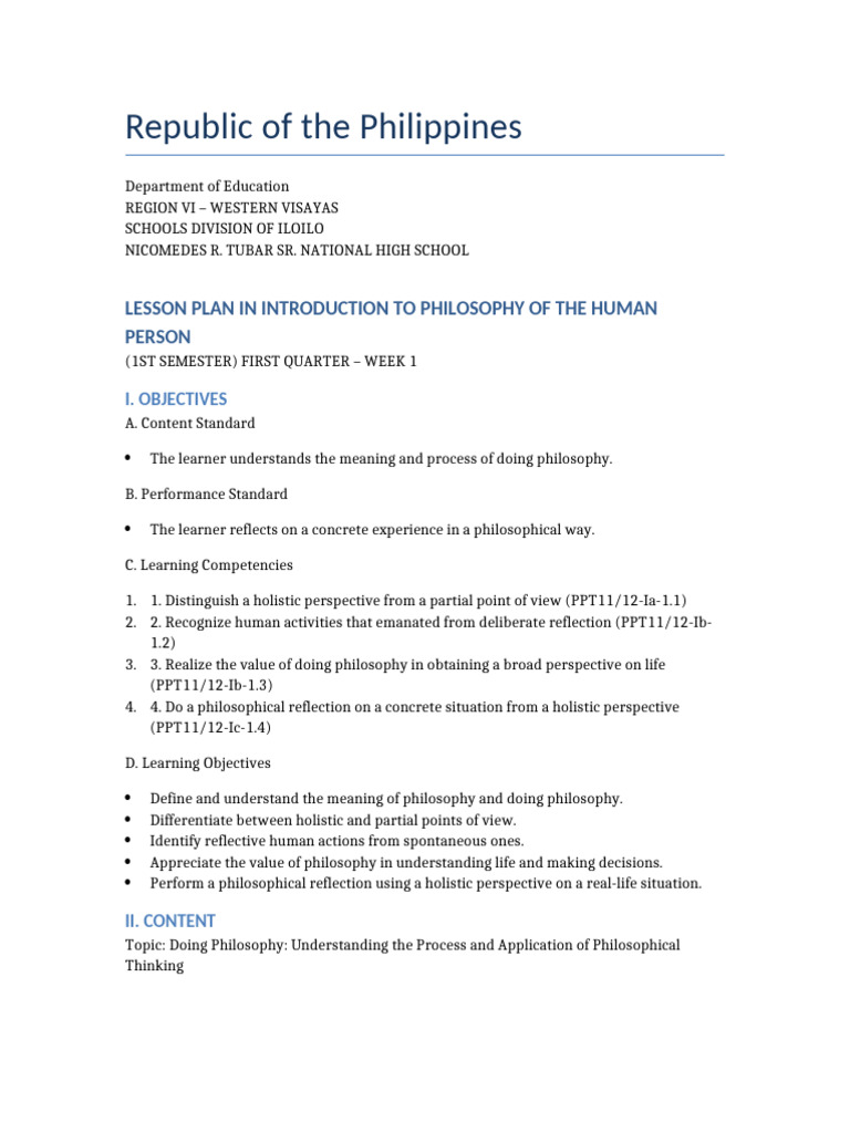 Doing Philosophy Lesson Plan With Responses | PDF | Learning | Teachers