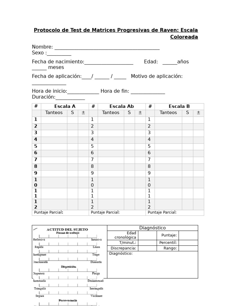 Protocolo de Respuestas Test de Matrices Progresivas de Raven Coloreada ...