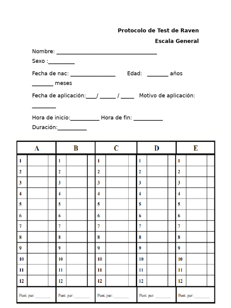 Protocolo de Respuestas Test de Raven General | PDF