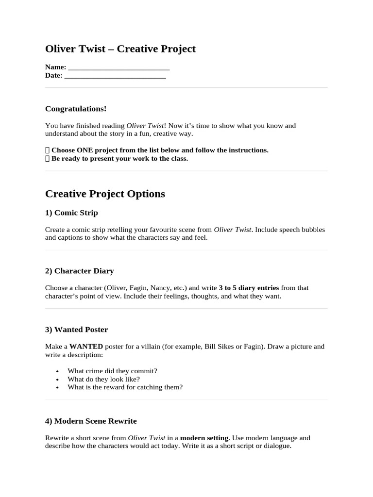 Oliver Twist End of Book Project | PDF