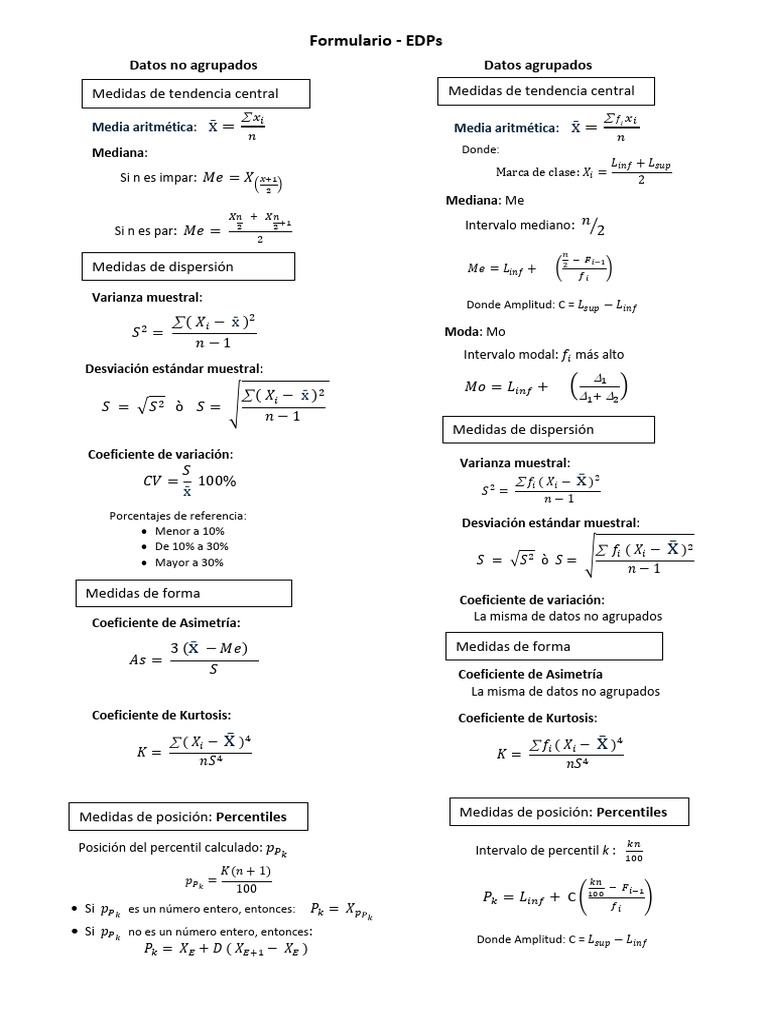 Formulario para PC3 - Final | PDF | Mediana | Teoría de probabilidad