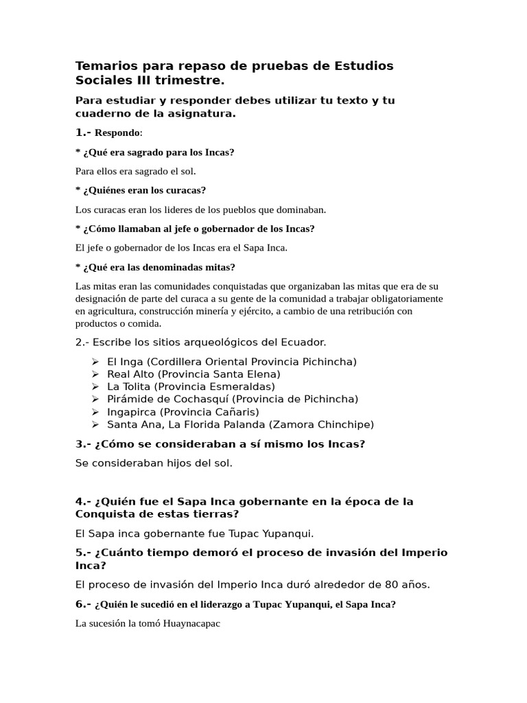 Temario de Estudios Sociales: Incas y Colonia | PDF | Imperio Inca ...