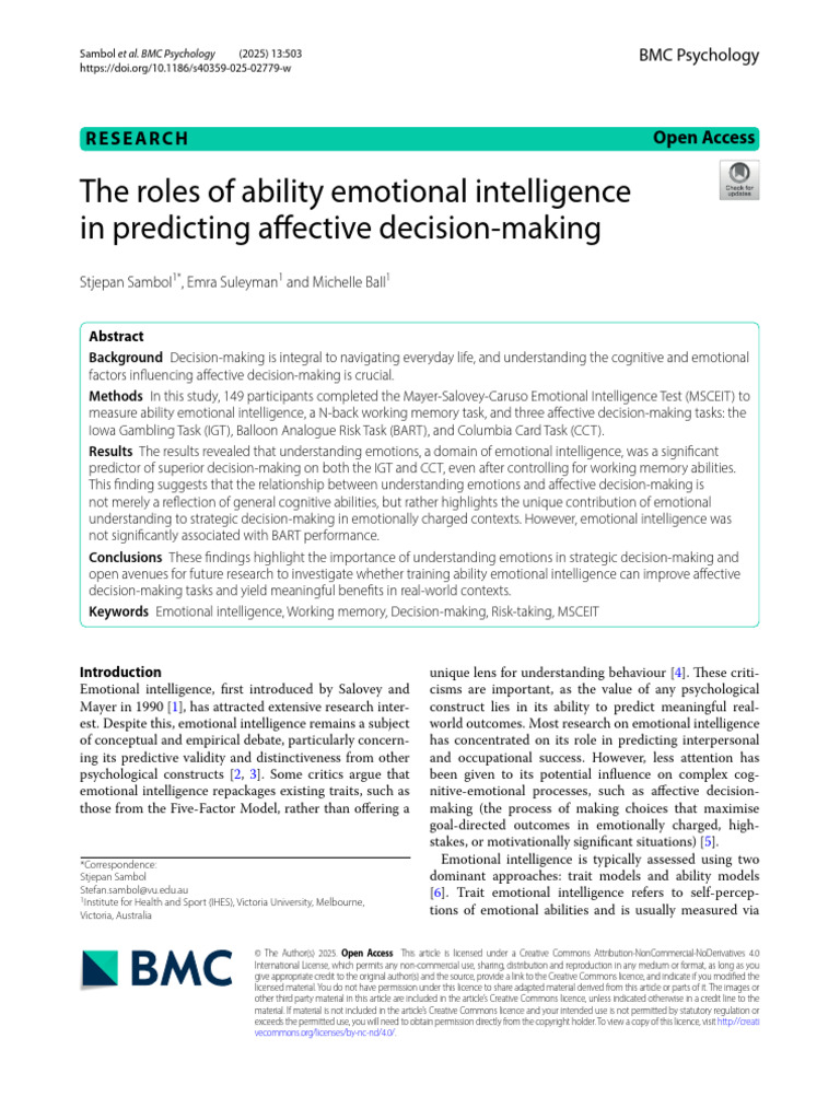 The Roles of Ability Emotional Intelligence in Predicting Affective ...