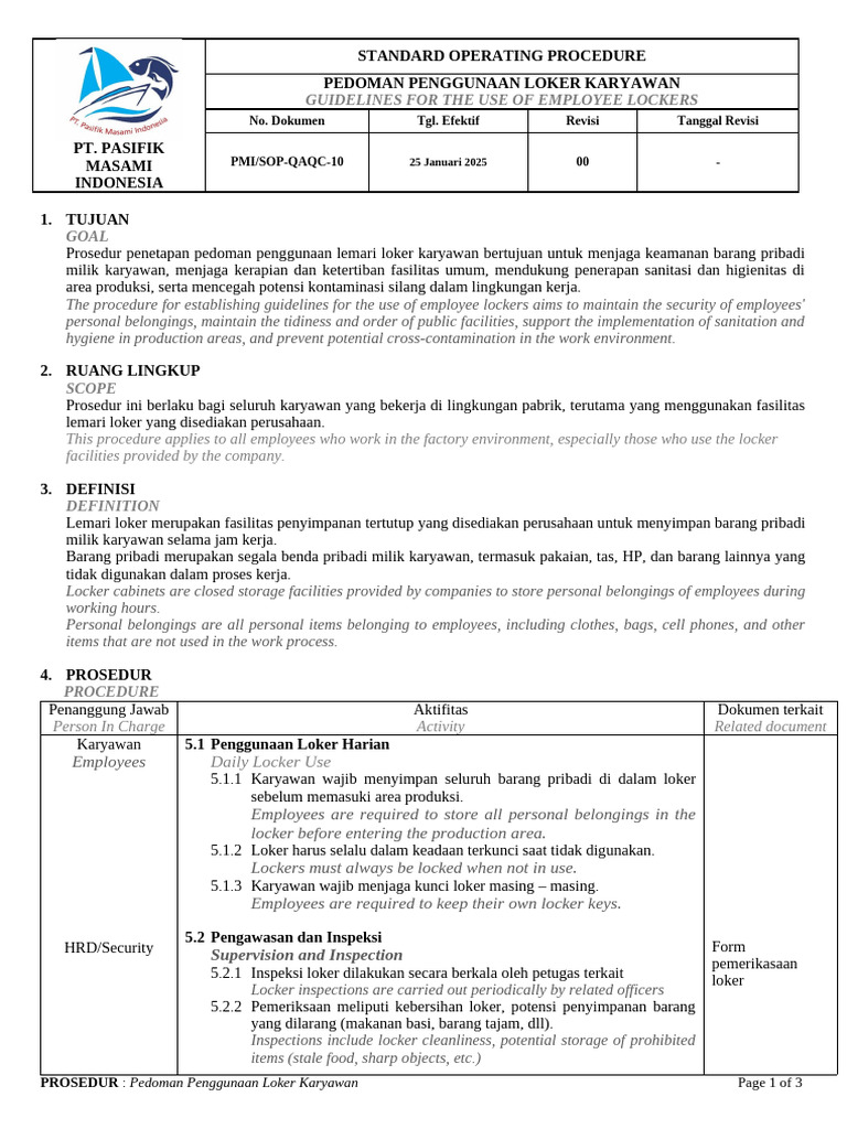 PMI - sop-QAQC-10 Pedoman Penggunaan Loker Karyawan | PDF