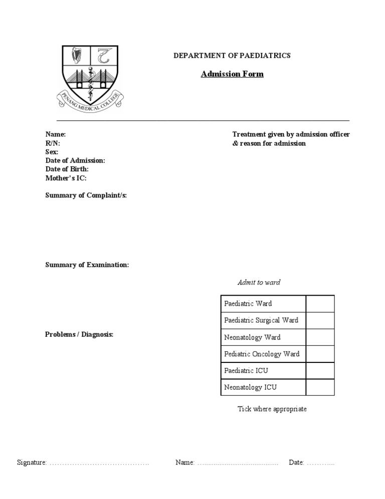 Pediatric Admission Form Template | PDF
